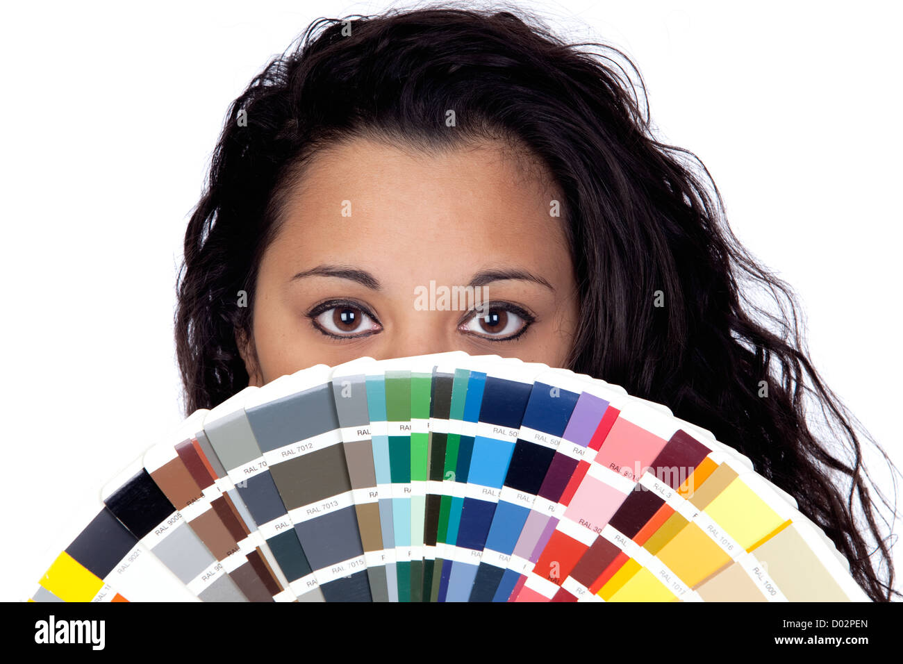 Attractive woman with a large sample of color isolated on a over white ...
