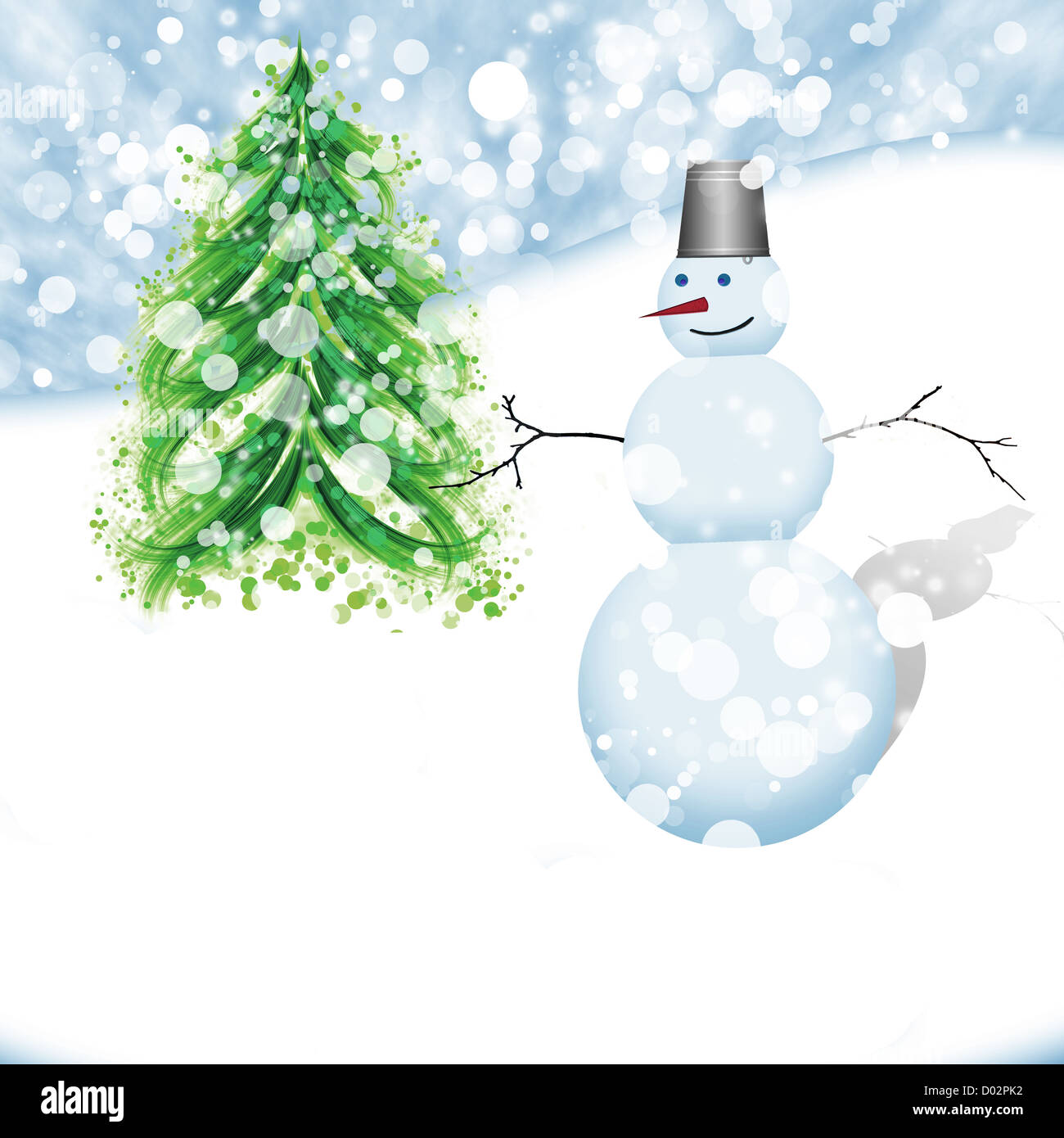 merry snowman and christmas tree on the background of flying snow Stock ...