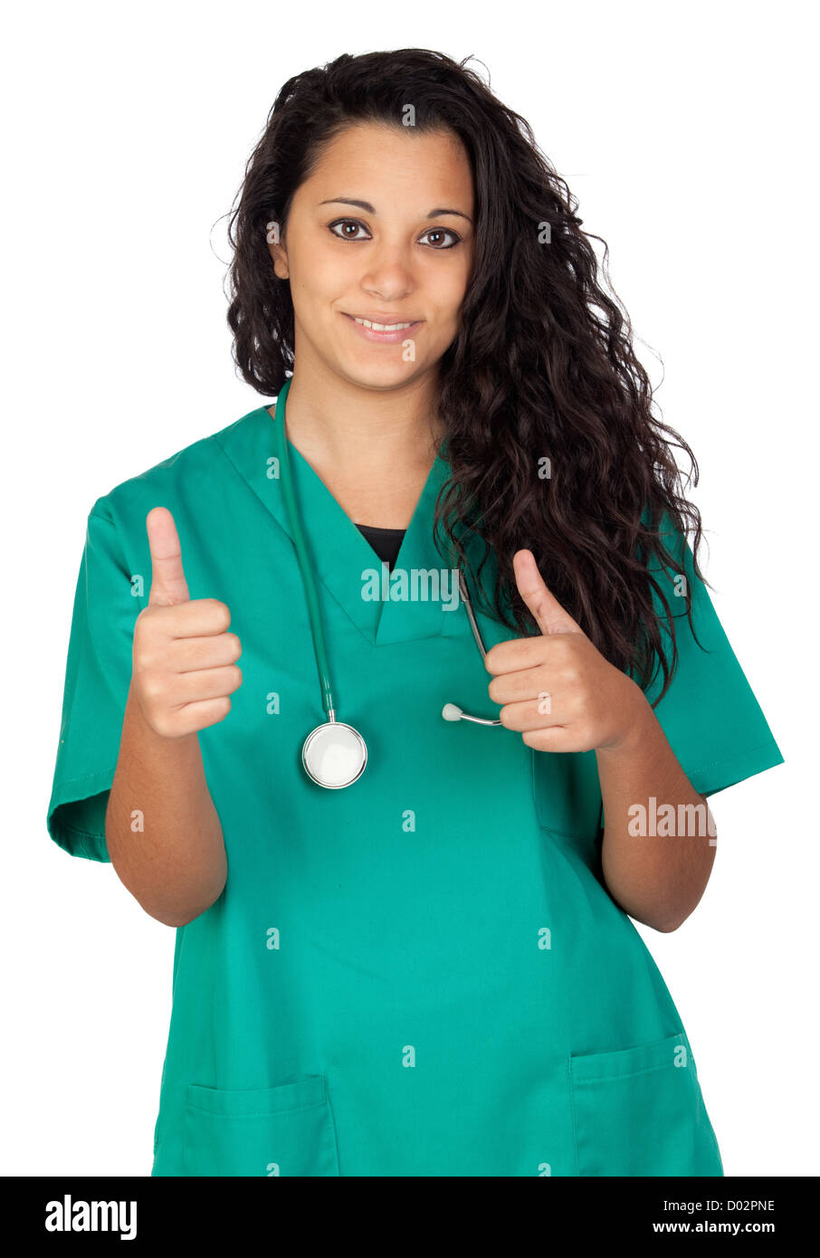 Attractive brunette doctor saying Ok isolated on a over white ...