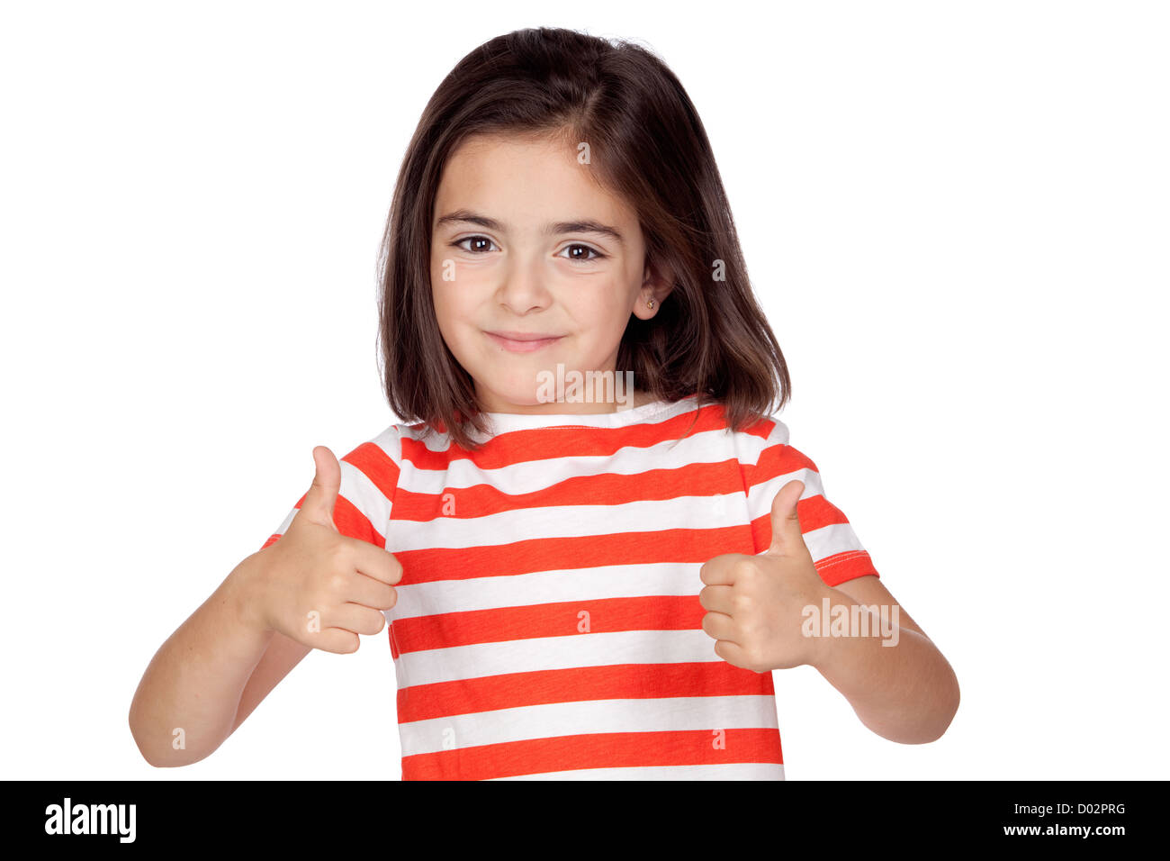 Brunette little girl saying Ok isolated on a over white background ...