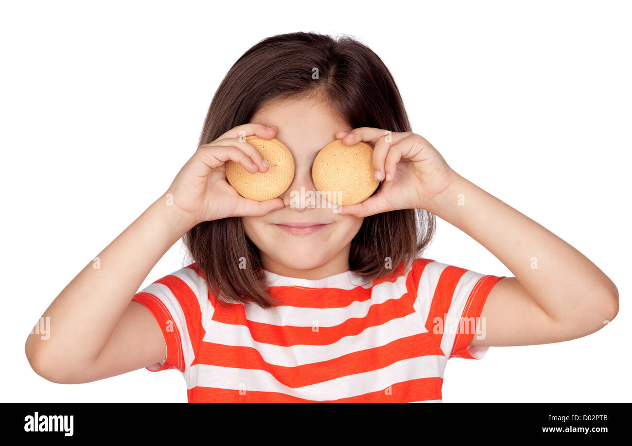 Brunette little girl with two biscuits isolated on a over white ...