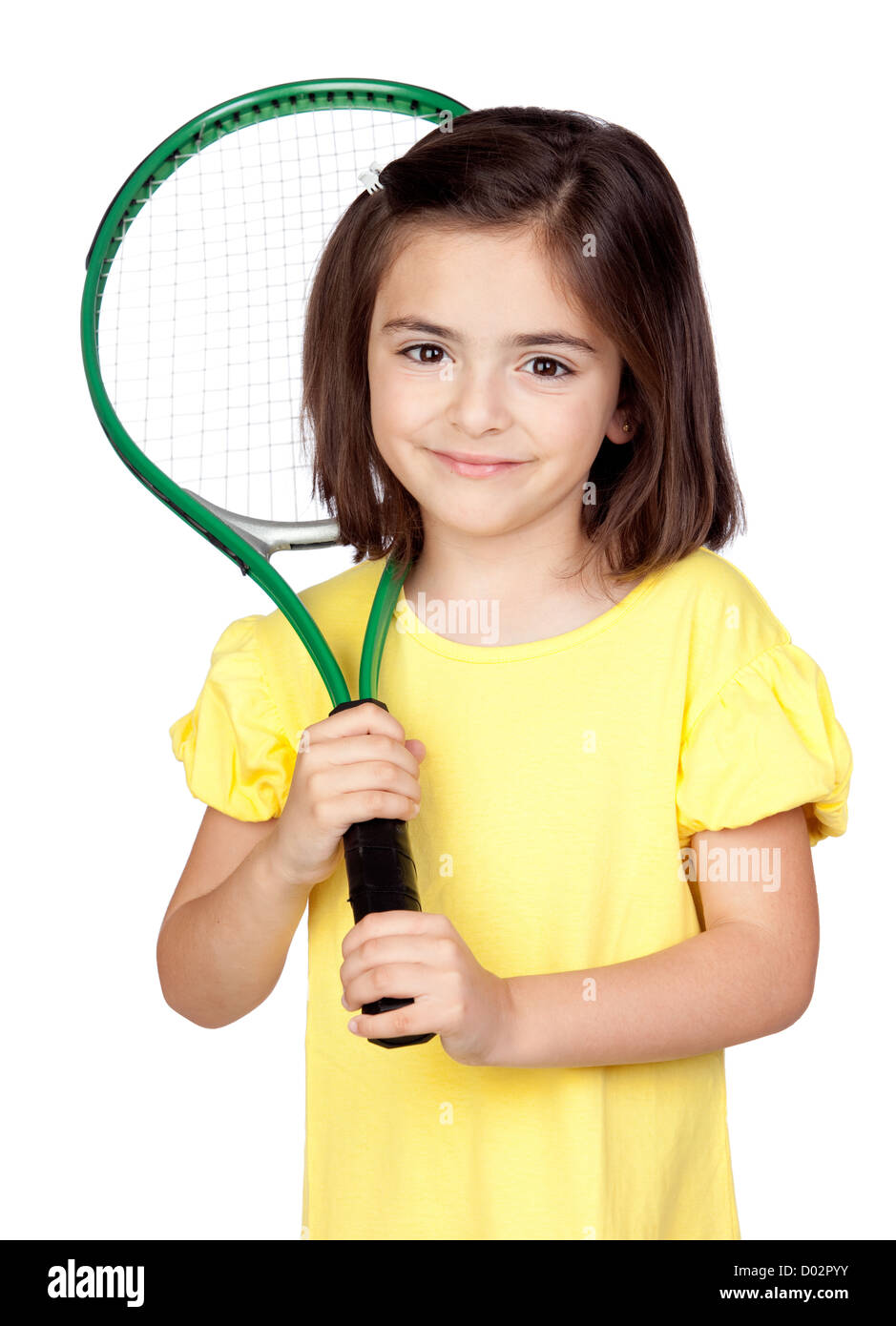 Brunette little girl with a tennis racket isolated on a over white ...