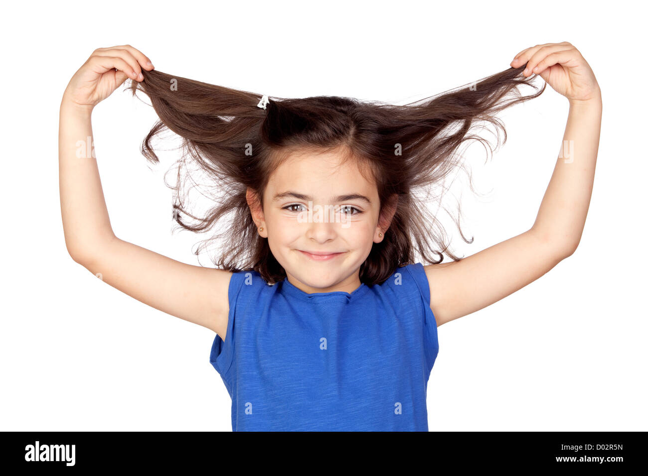 Little girl grabbing her hair isolated on a over white background Stock ...