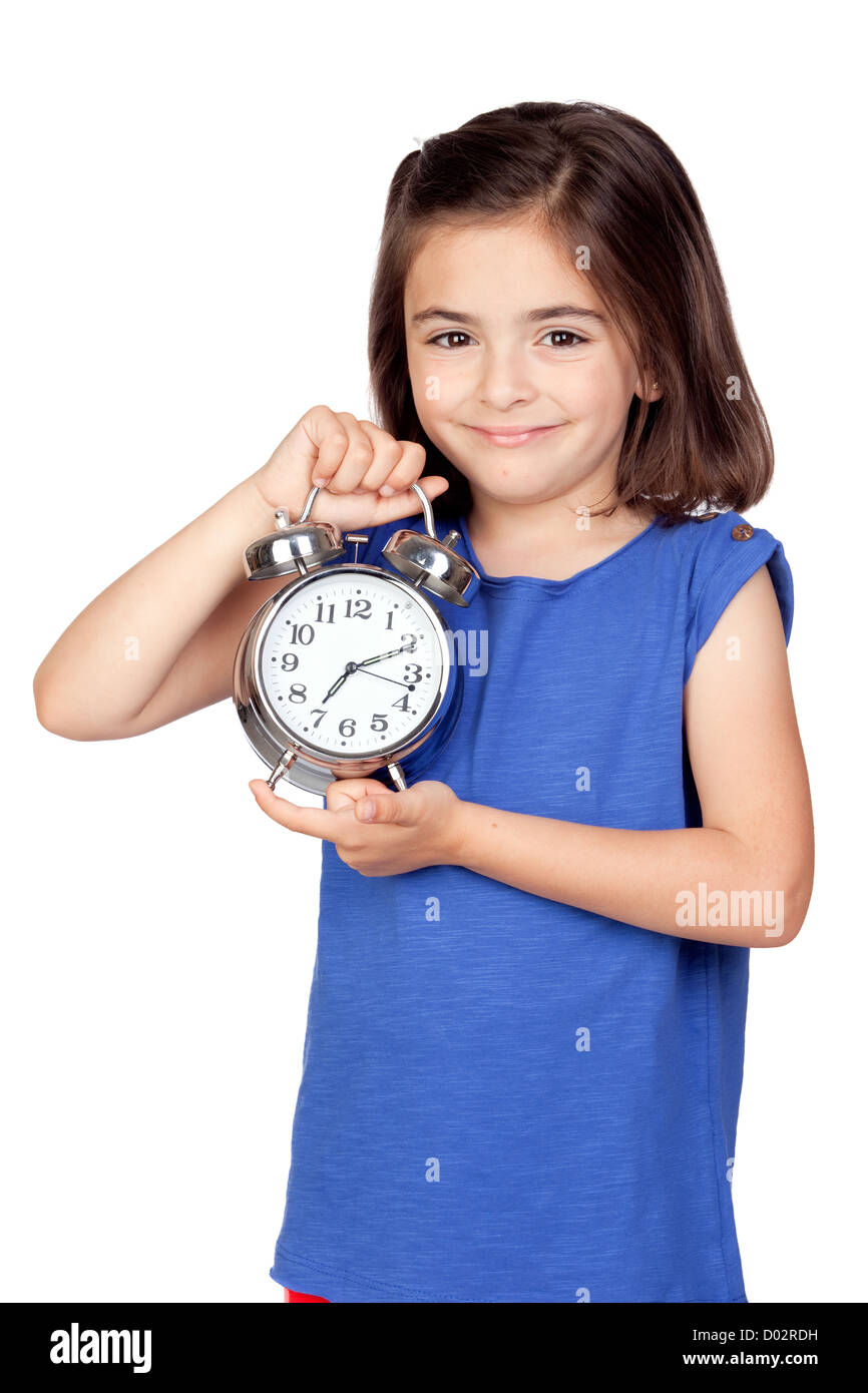 Brunette little girl with a silvered alarm-clock a isolated on a over ...