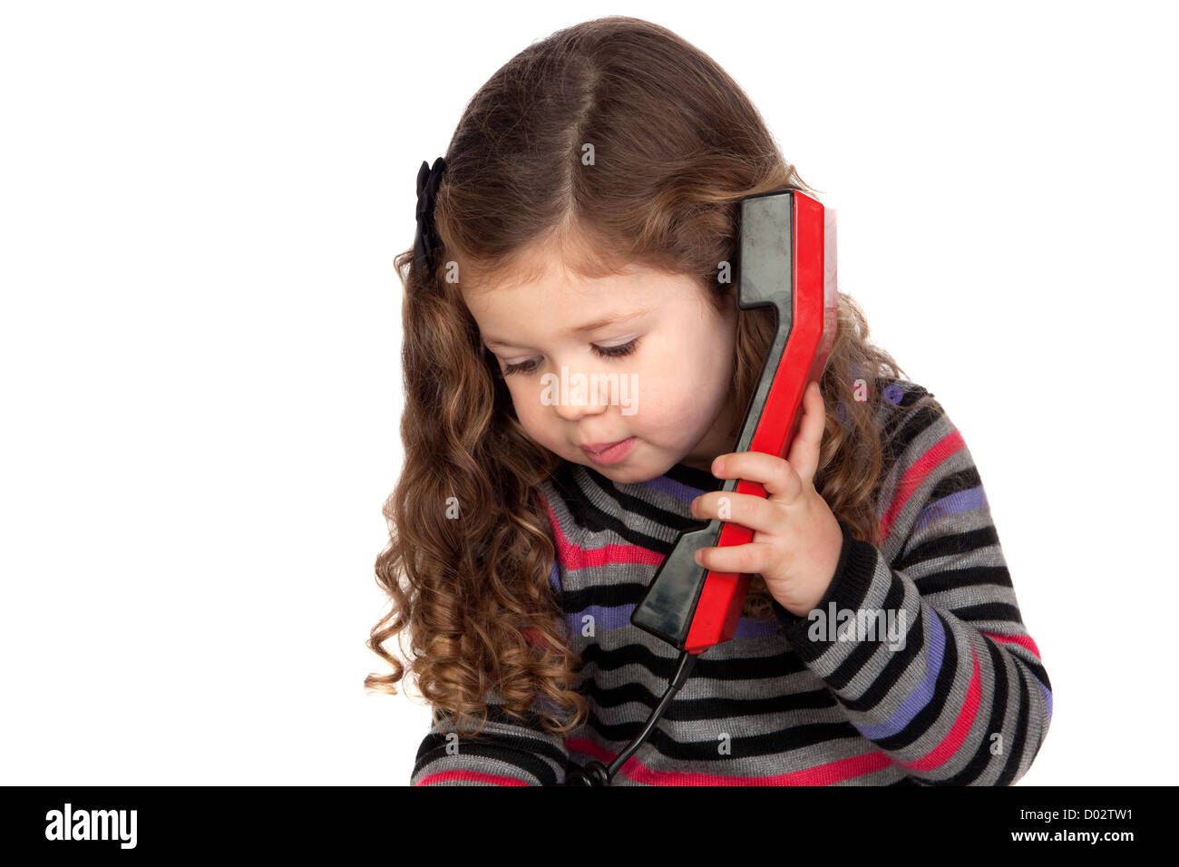 Adorable baby with a red telephone isolated over white background Stock ...