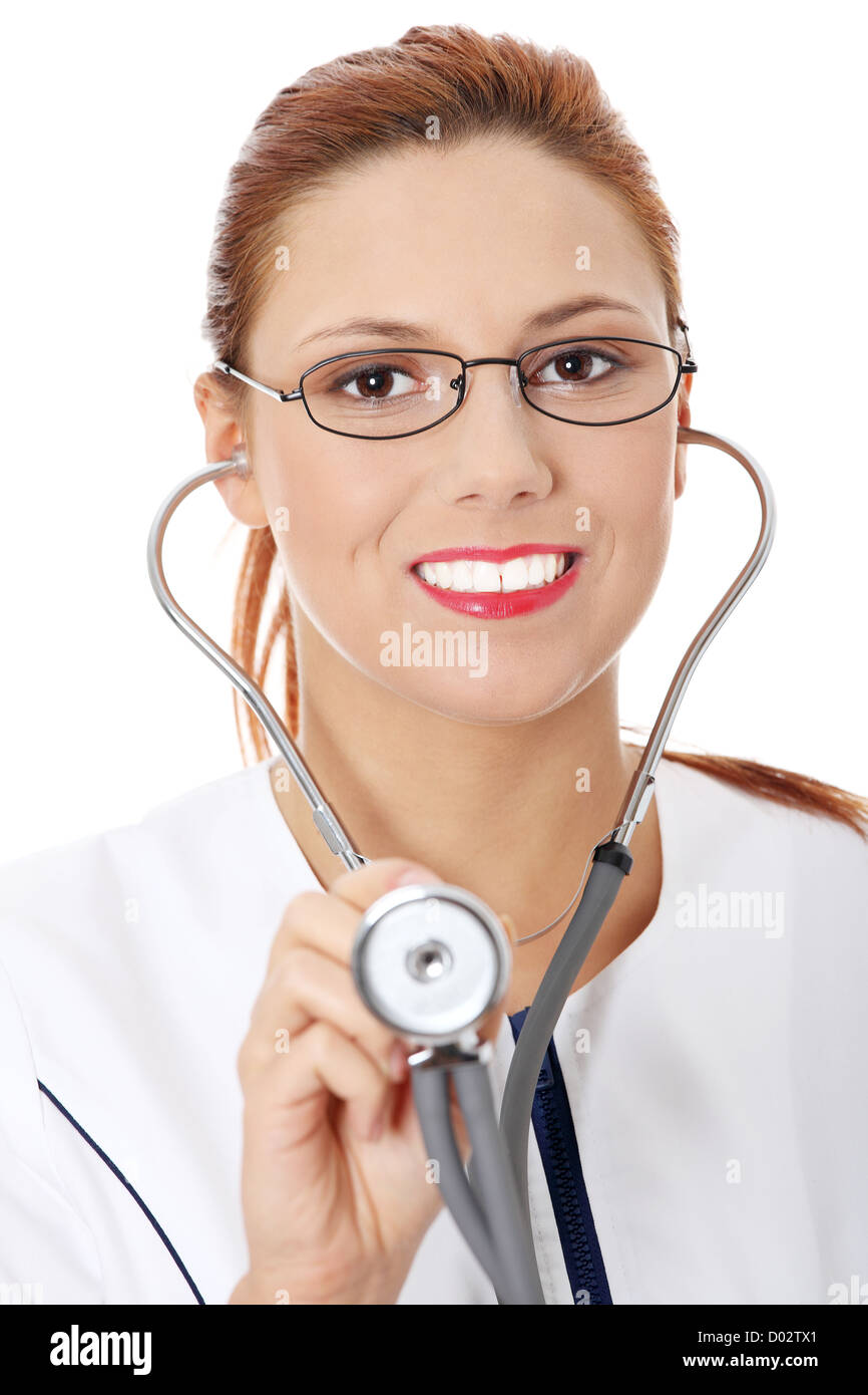 Female doctor with stethoscope, isolated on white Stock Photo - Alamy