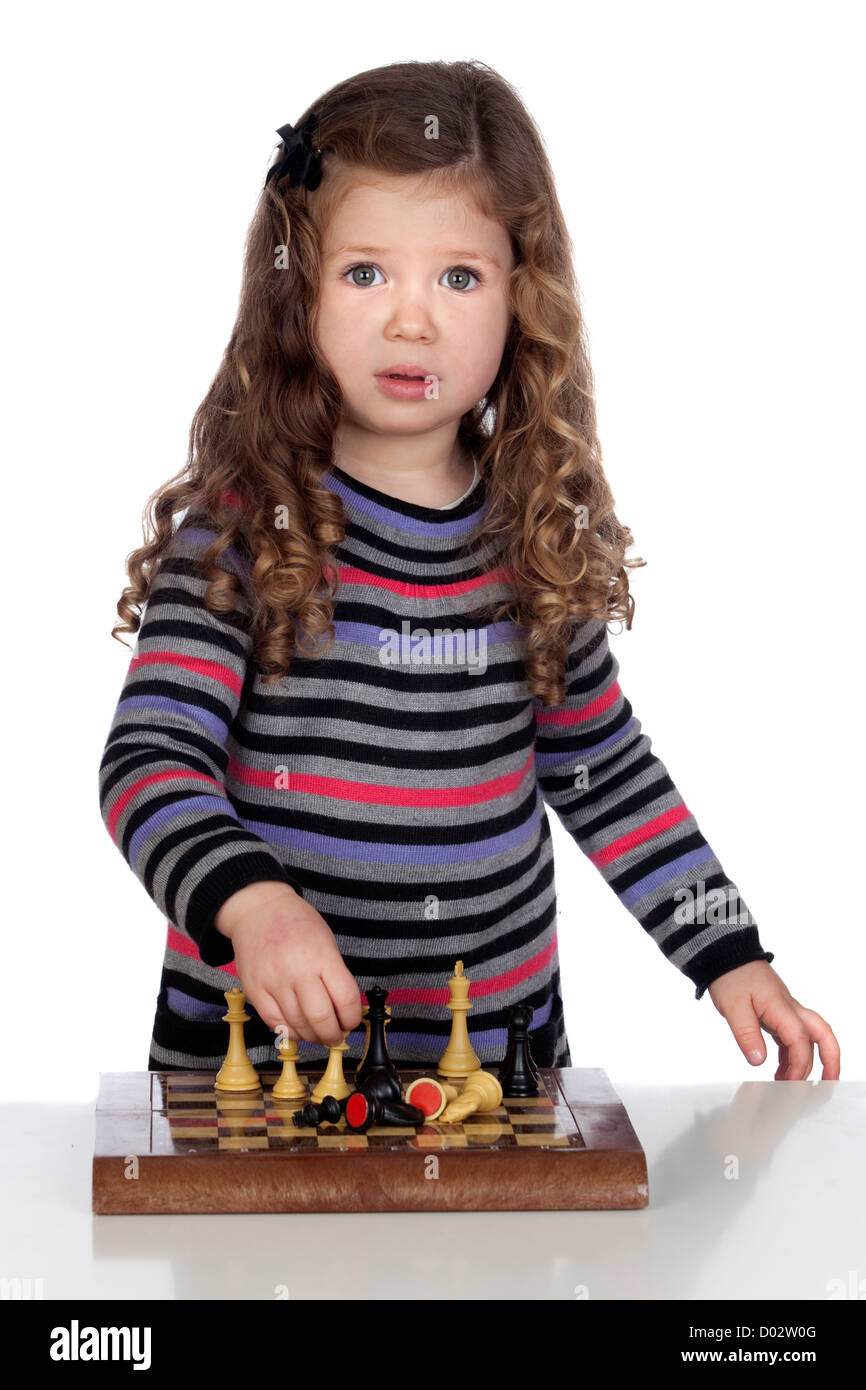 Adorable baby girl playing chess isolated over white background Stock ...