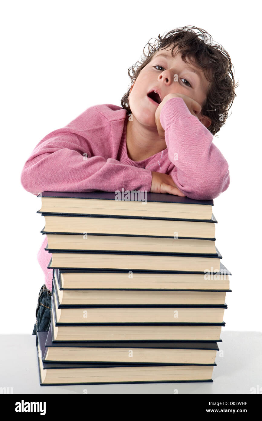 Tired child student on a over white background Stock Photo - Alamy