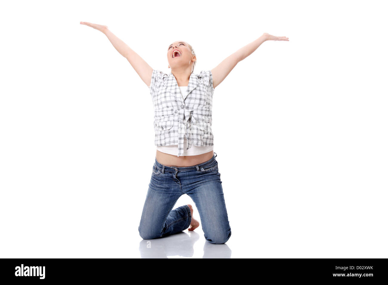 Young happy woman with hands up Stock Photo - Alamy