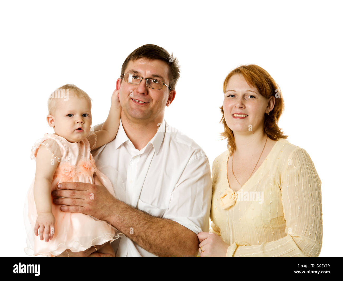 Happy Family of mother father and one year baby isolated Stock Photo ...