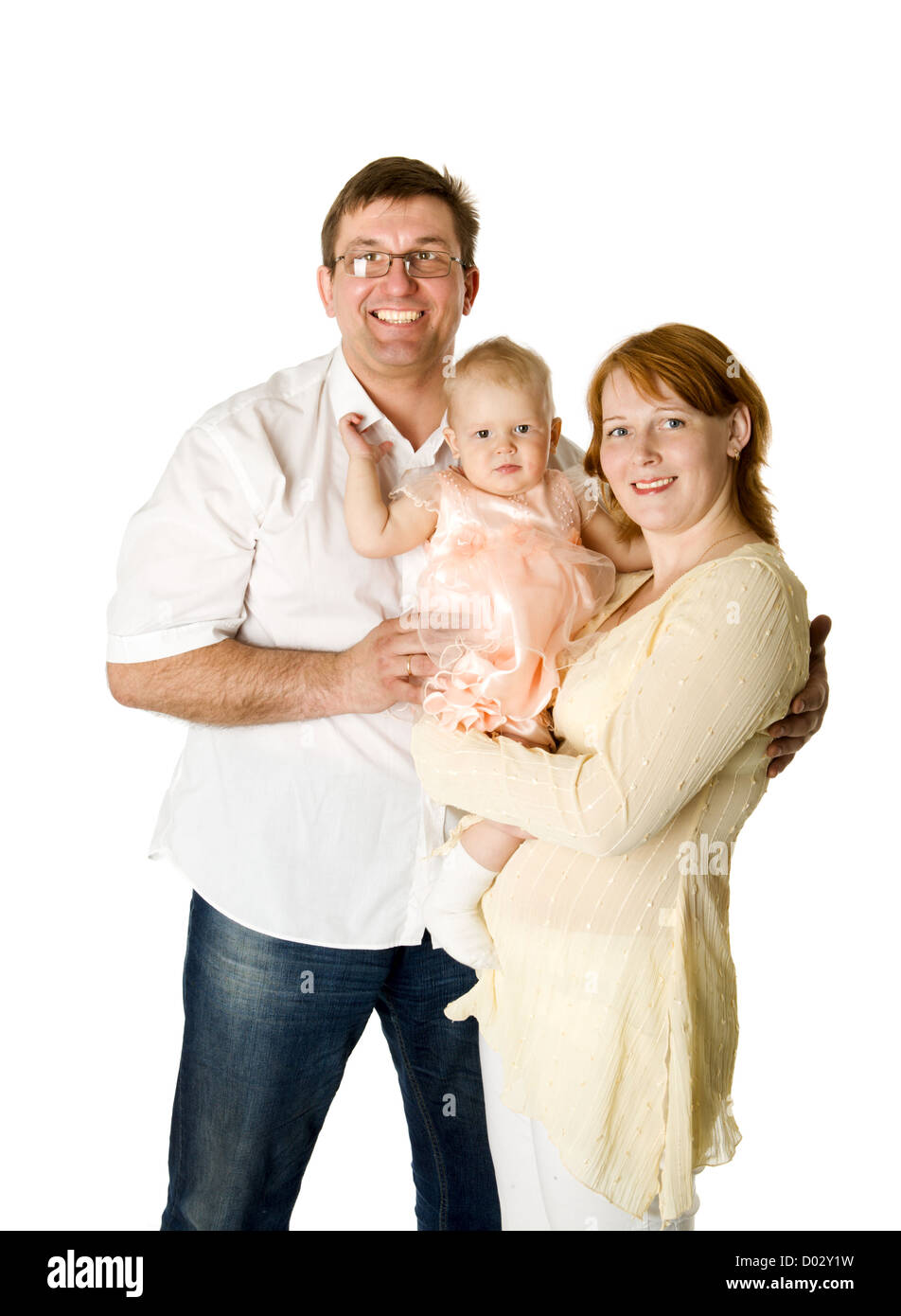 Happy Family of mother father and one year baby isolated Stock Photo ...