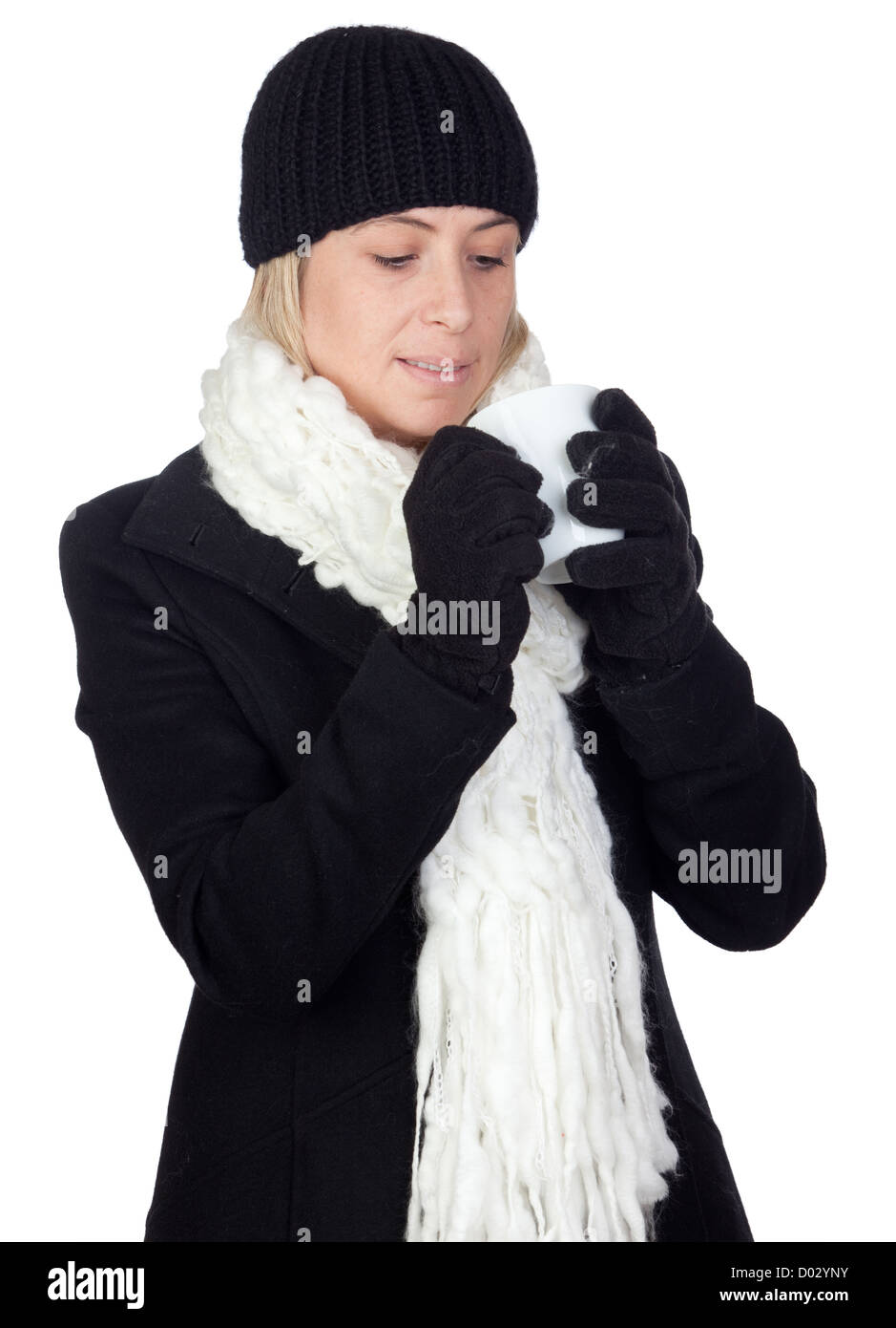 Blonde woman with a white scarf drinking something hot isolated on ...