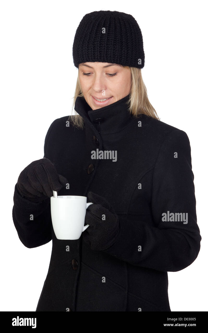 Blonde woman drinking something hot isolated on white background Stock ...