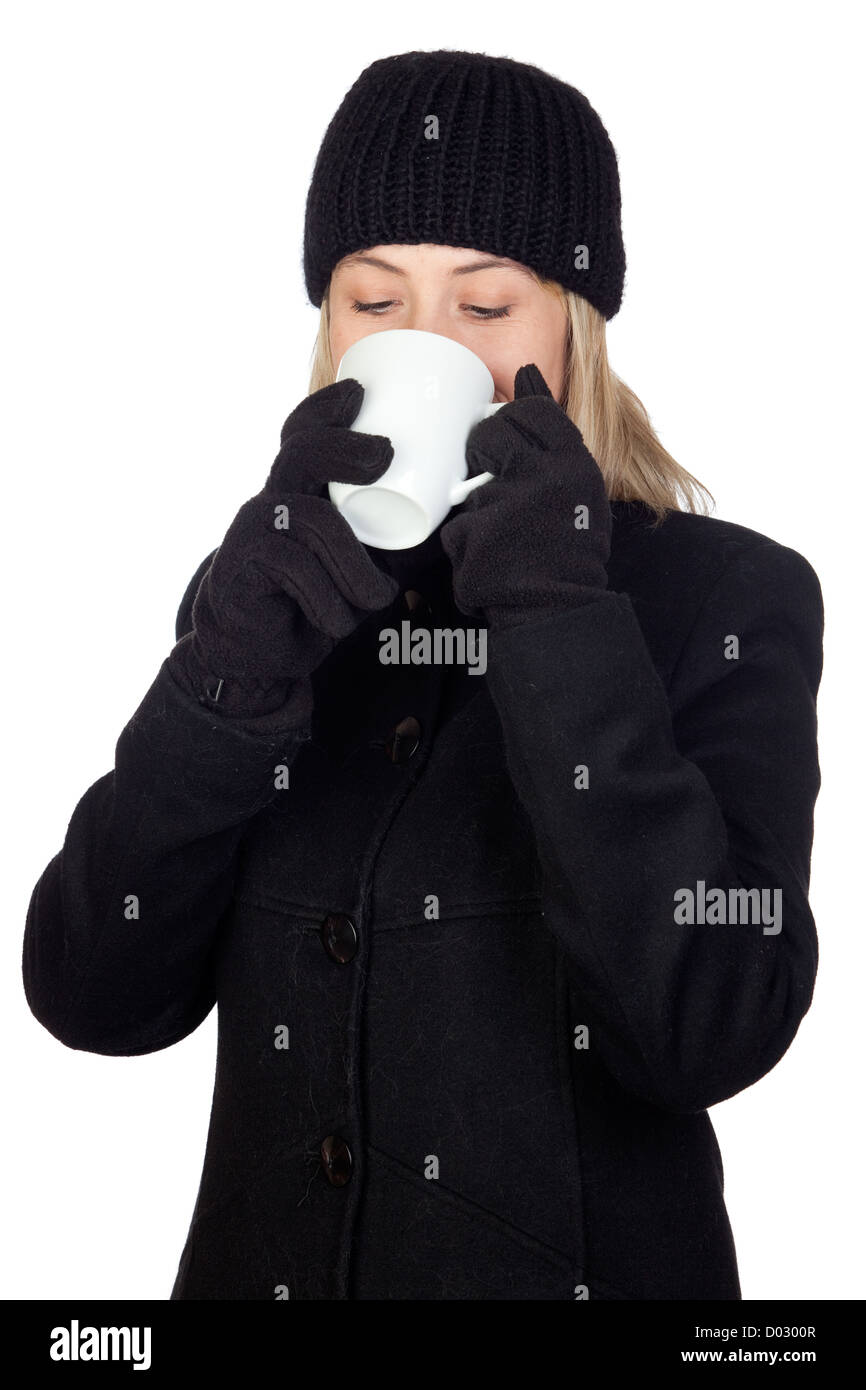Blonde woman drinking something hot isolated on white background Stock ...
