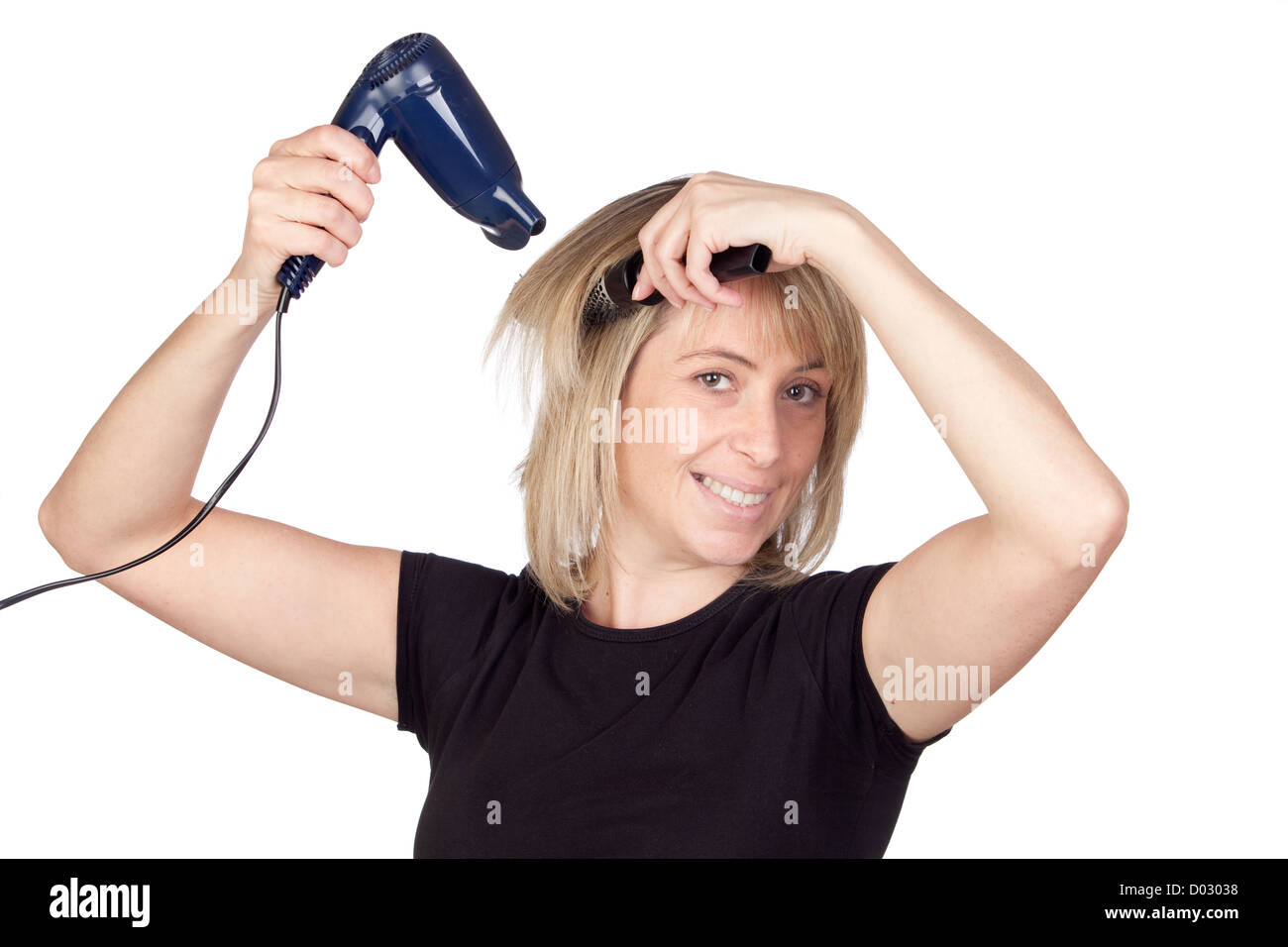 Blonde woman with a dryer isolated on white background Stock Photo - Alamy