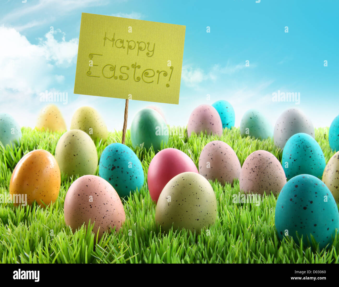 Colorful Easter eggs with sign in a grass field with blue sky Stock ...