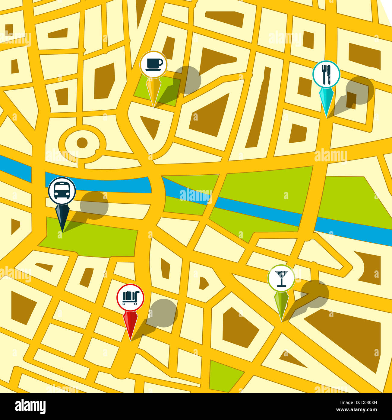 Illustration of a generic street map with indication icons Stock Photo ...