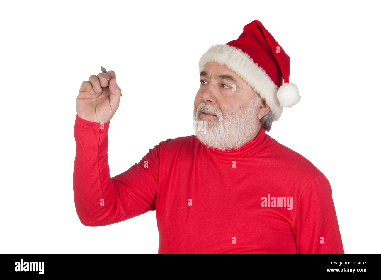 Funny Santa Claus writing with a pen isolated on white background Stock ...