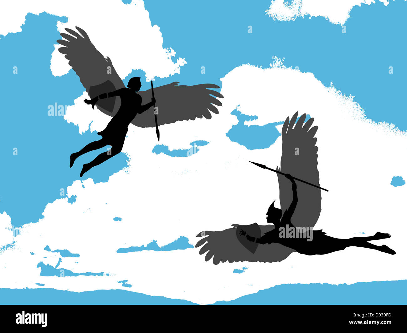 Illustration of two flying guardian angels over a blue sky background ...