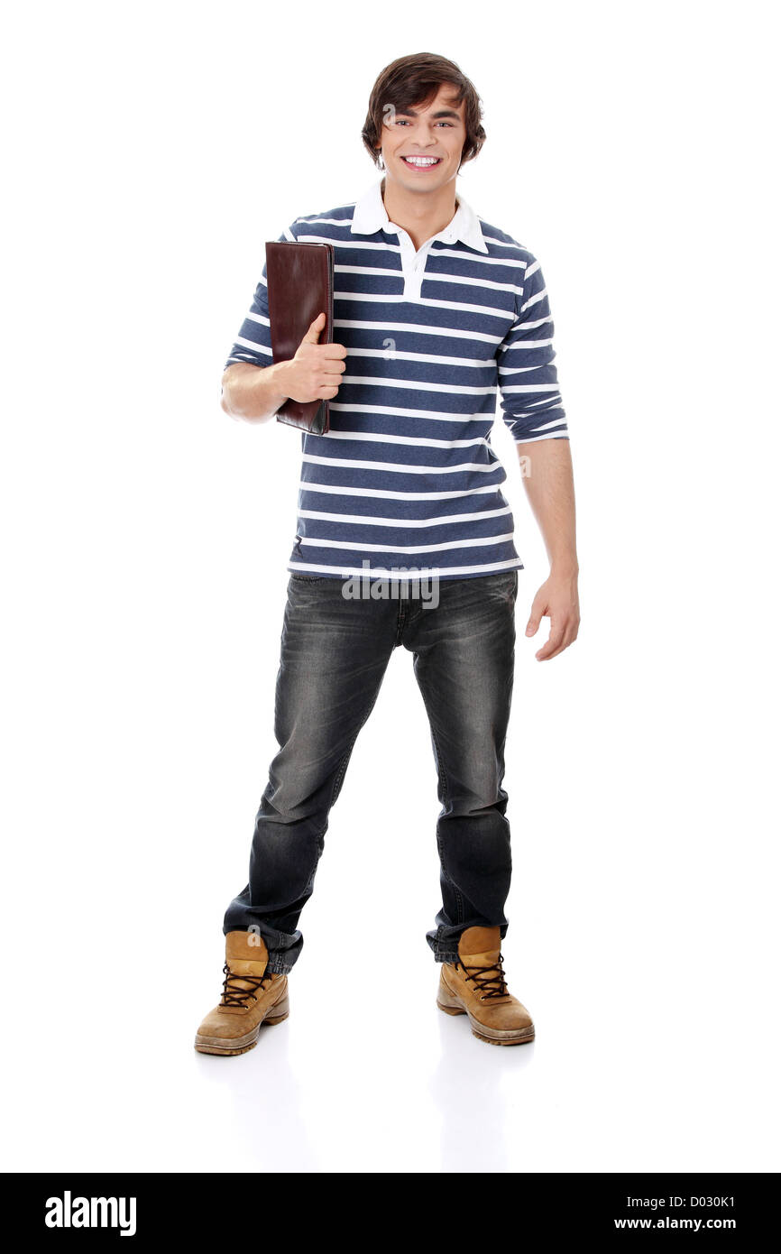 Young happy handsome student man with notebook,isolated on a white ...