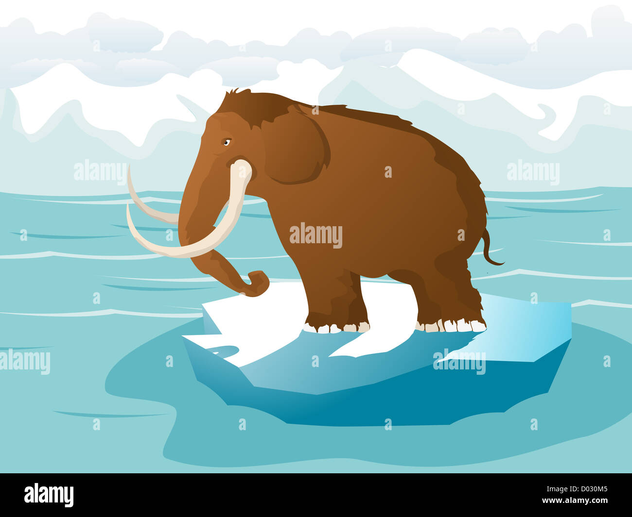 Cartoon style drawing of a mammoth on ice, floating on the frozen sea ...