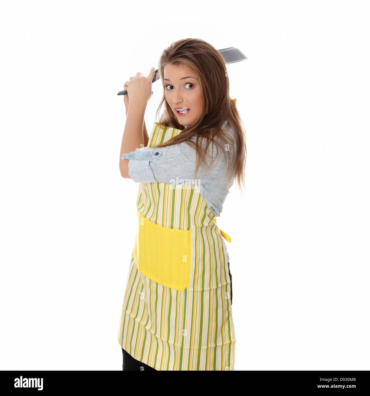 Angry young woman cooking , isolated on white Stock Photo - Alamy