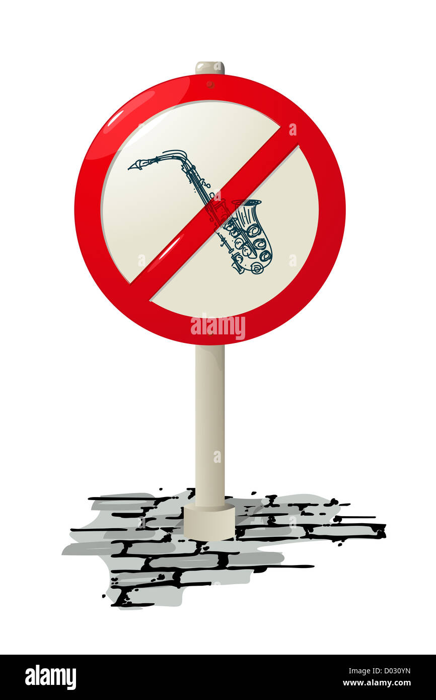 Conceptual illustration of a street sign with a saxophone, isolated and ...