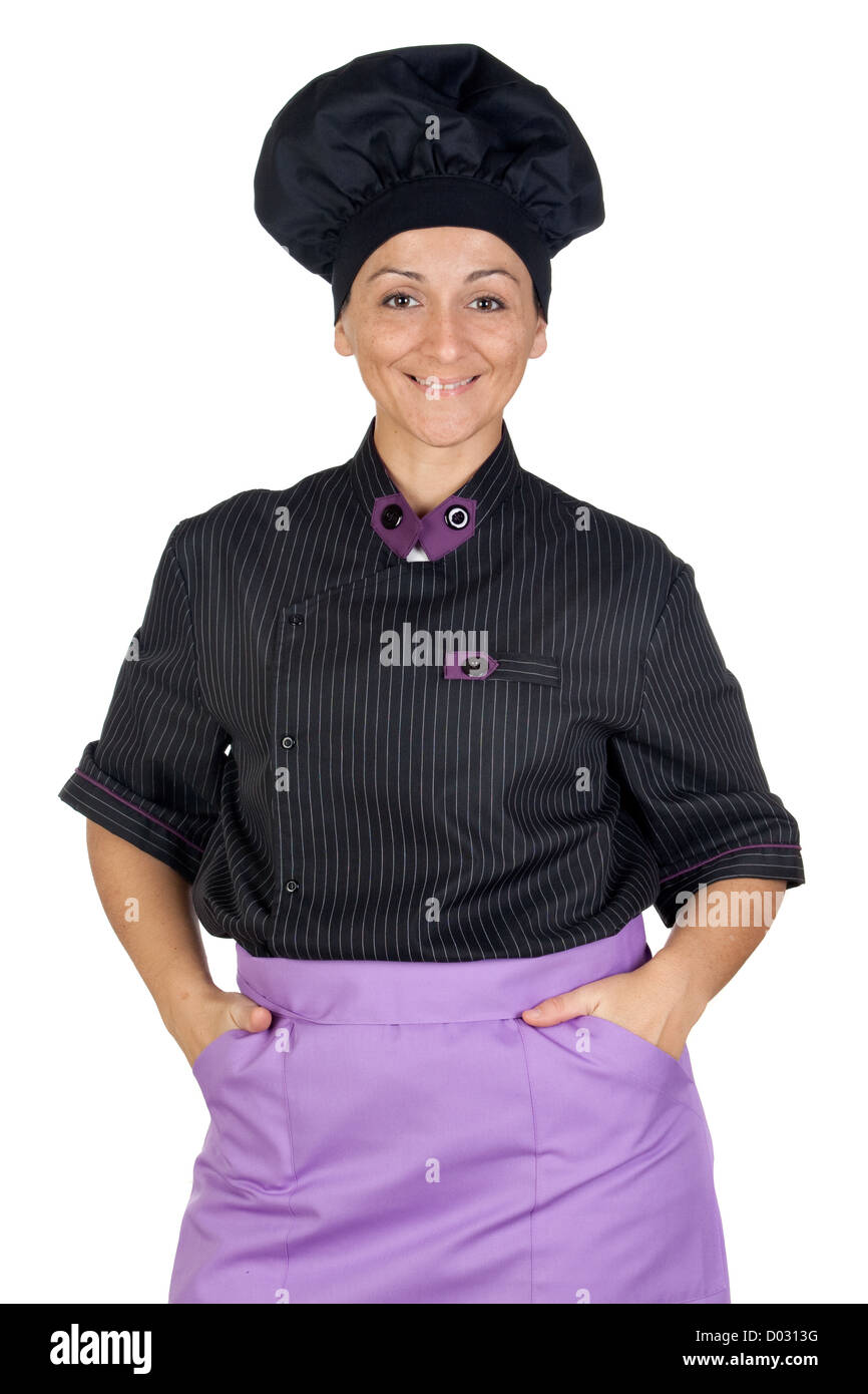 Pretty cook woman with black uniform isolated on white background Stock ...