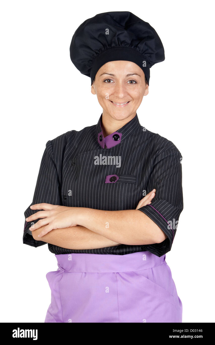 Pretty cook woman with black uniform isolated on white background Stock ...