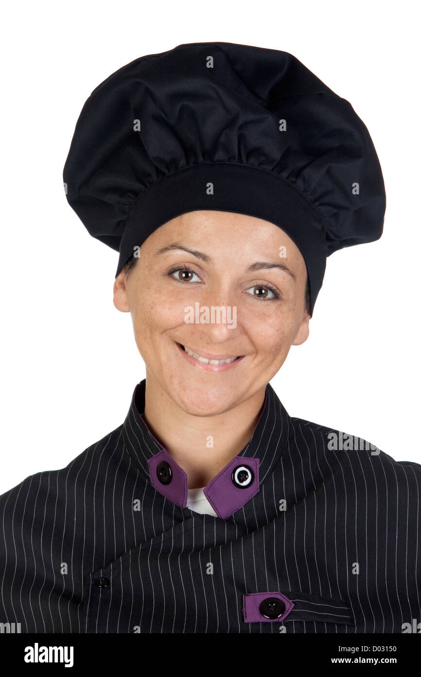 Pretty cook woman with black uniform isolated on white background Stock ...