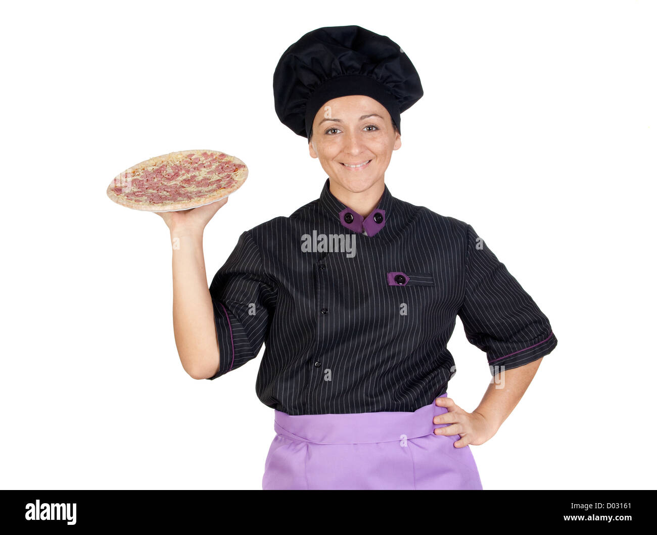 Pretty cook woman with ham pizza on white background Stock Photo - Alamy