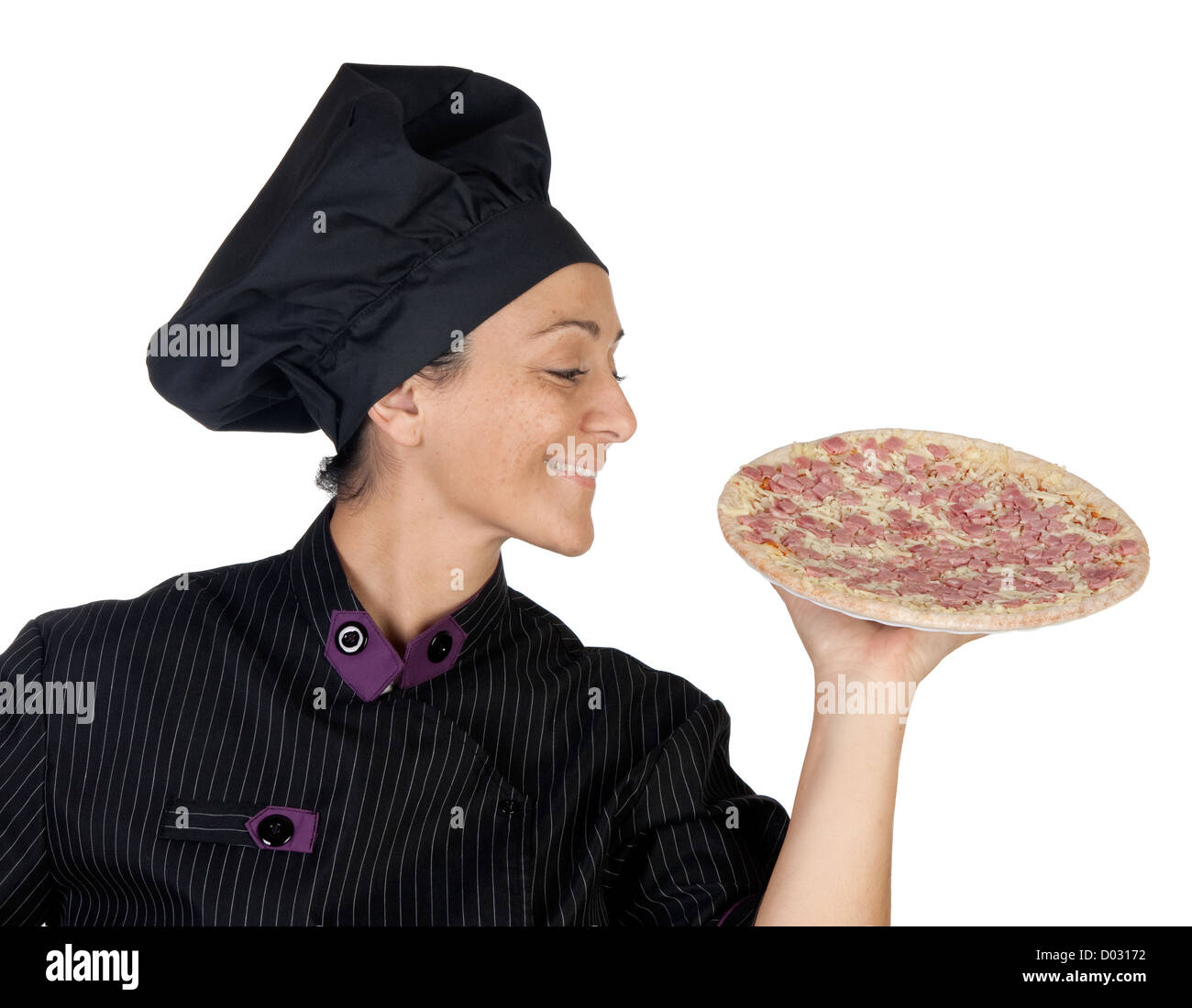 Pretty cook woman with ham pizza on white background Stock Photo - Alamy