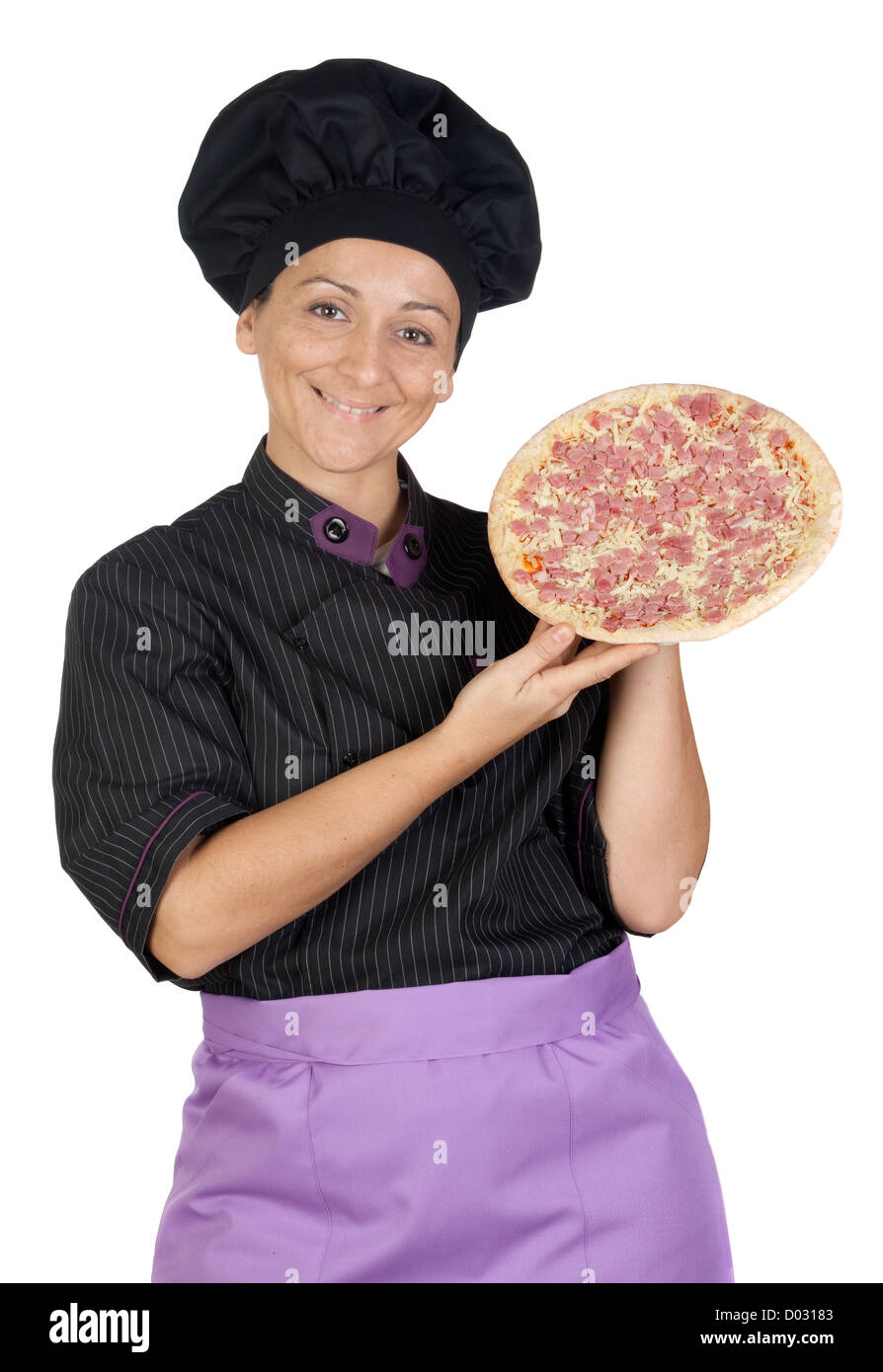 Pretty cook woman with ham pizza on white background Stock Photo - Alamy