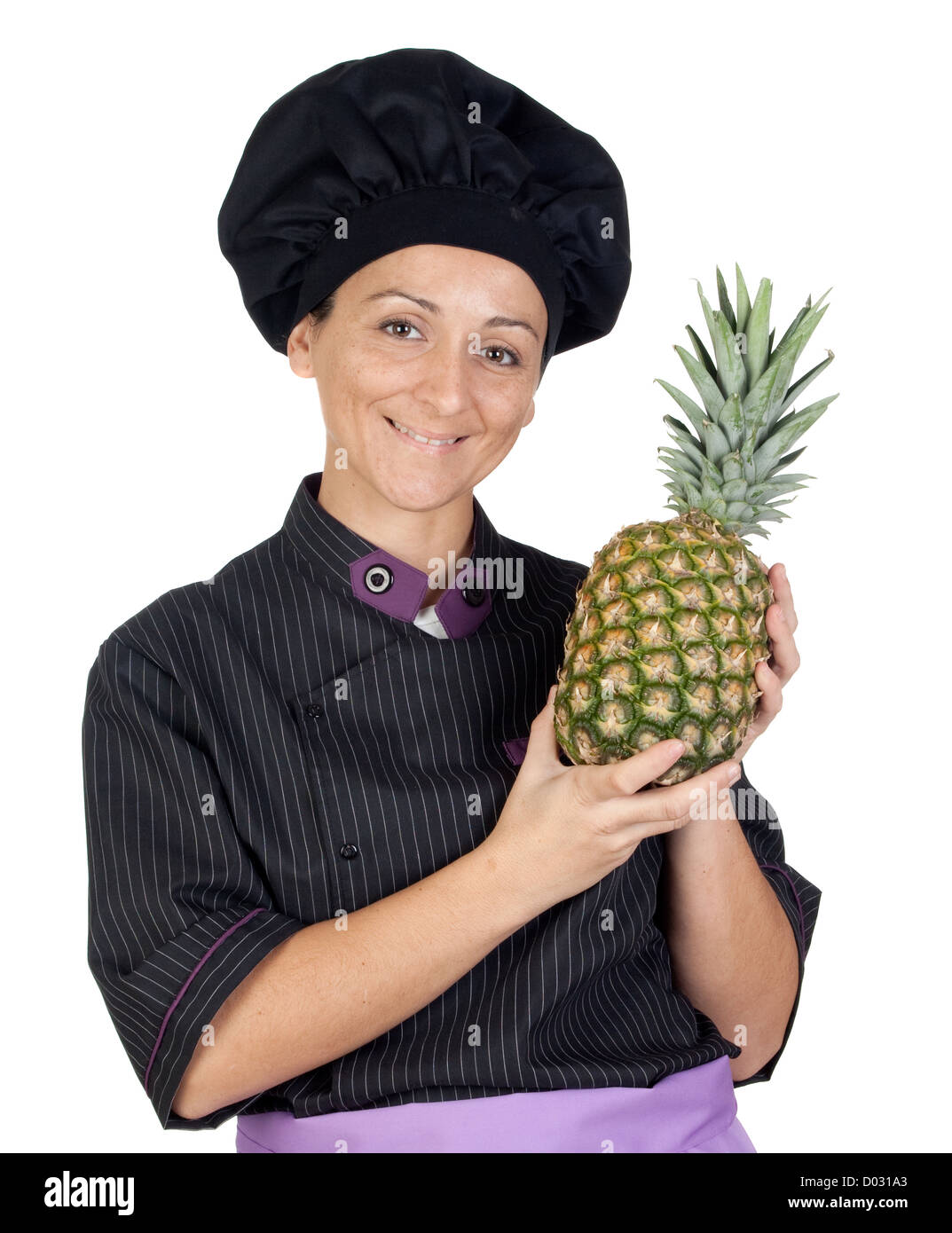 Pretty cook woman with pineapple isolated on white background Stock ...