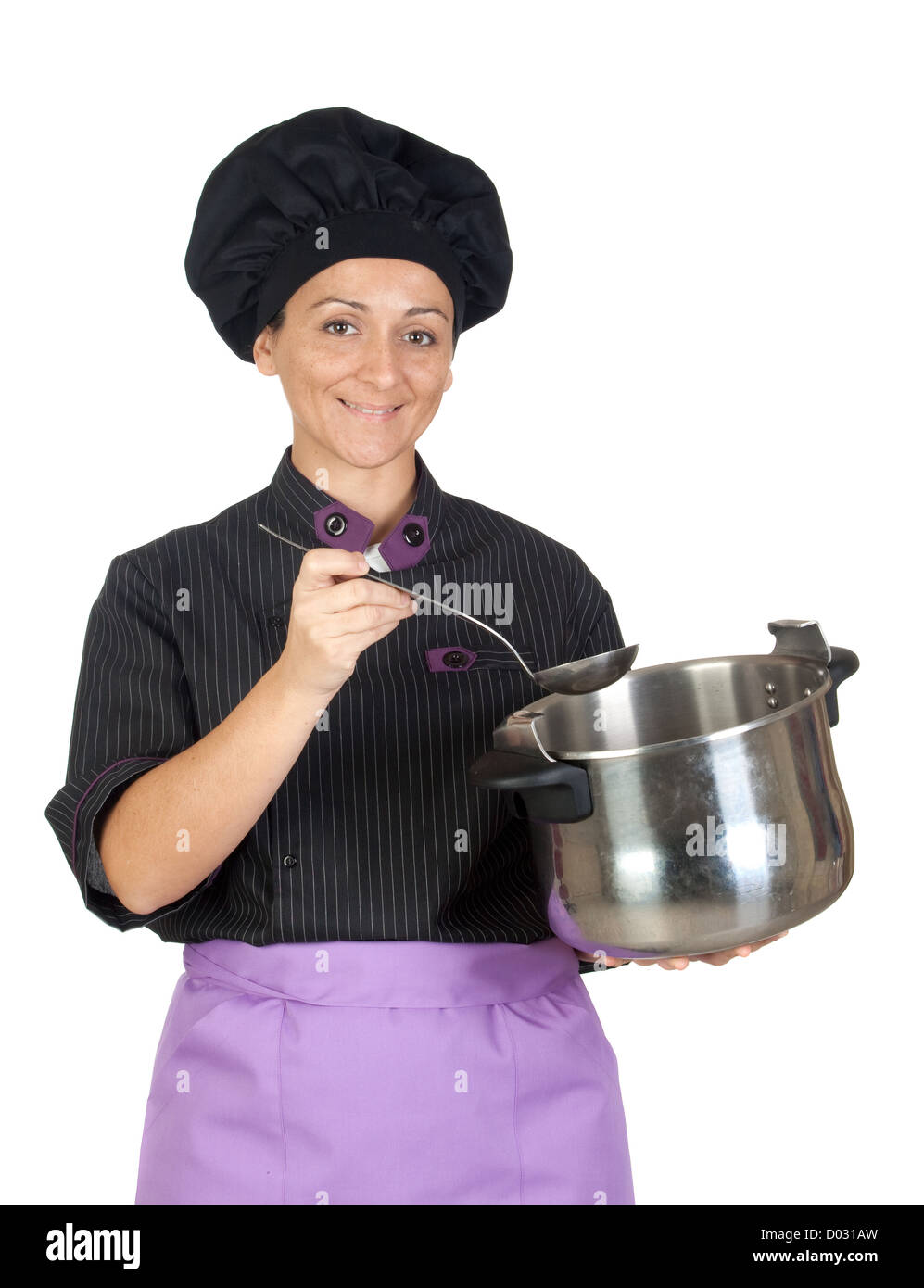 Pretty cook woman with big pot isolated on white background Stock Photo ...