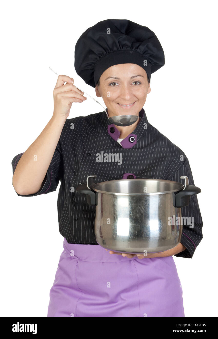 Pretty cook woman with big pot isolated on white background Stock Photo ...