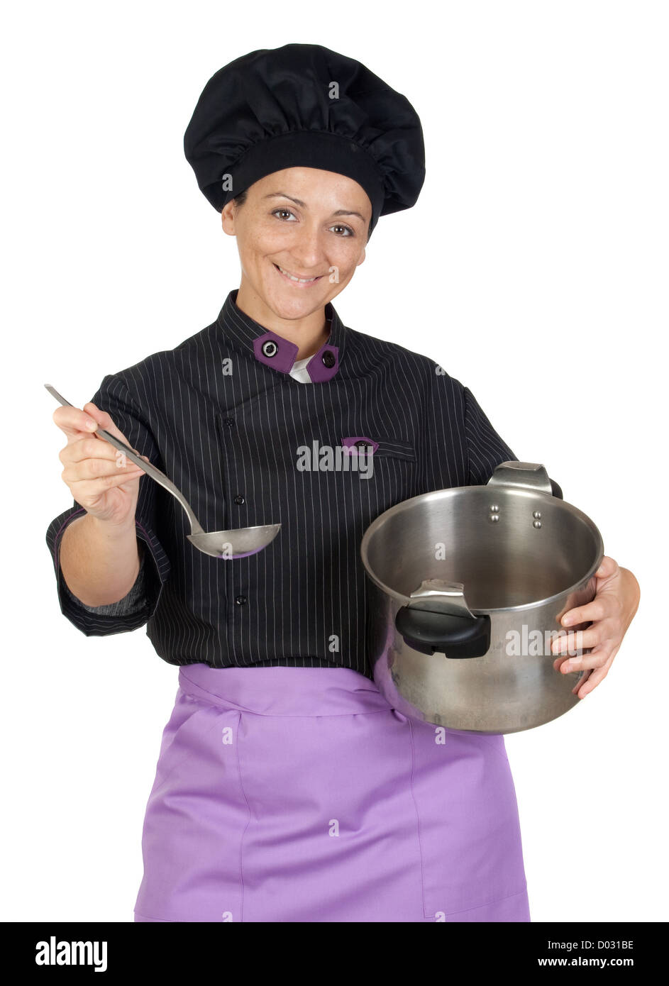 Pretty cook woman with big pot isolated on white background Stock Photo ...