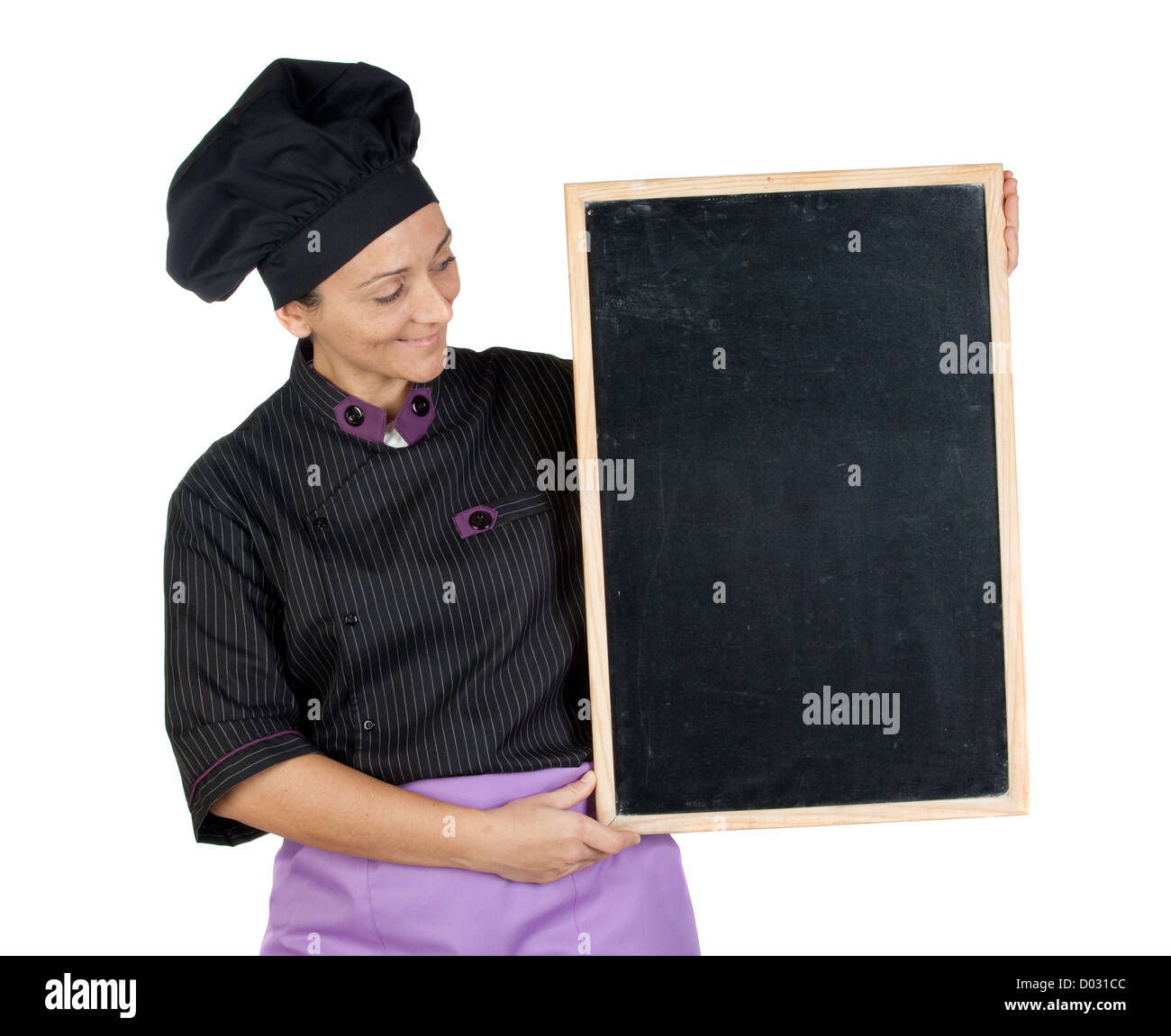 Pretty cook woman with blackboard isolated on white background Stock ...