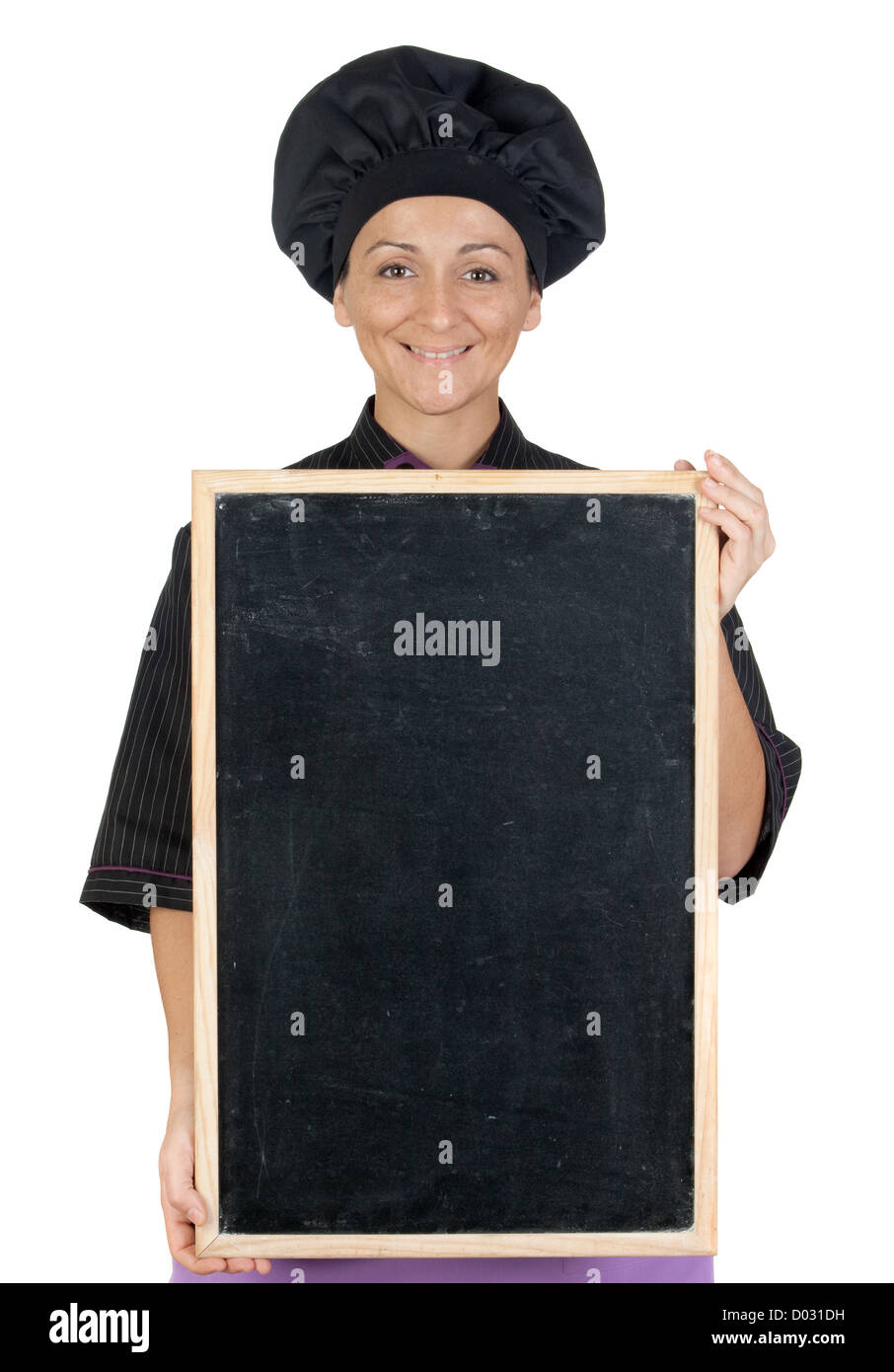 Pretty cook woman with blackboard isolated on white background Stock ...