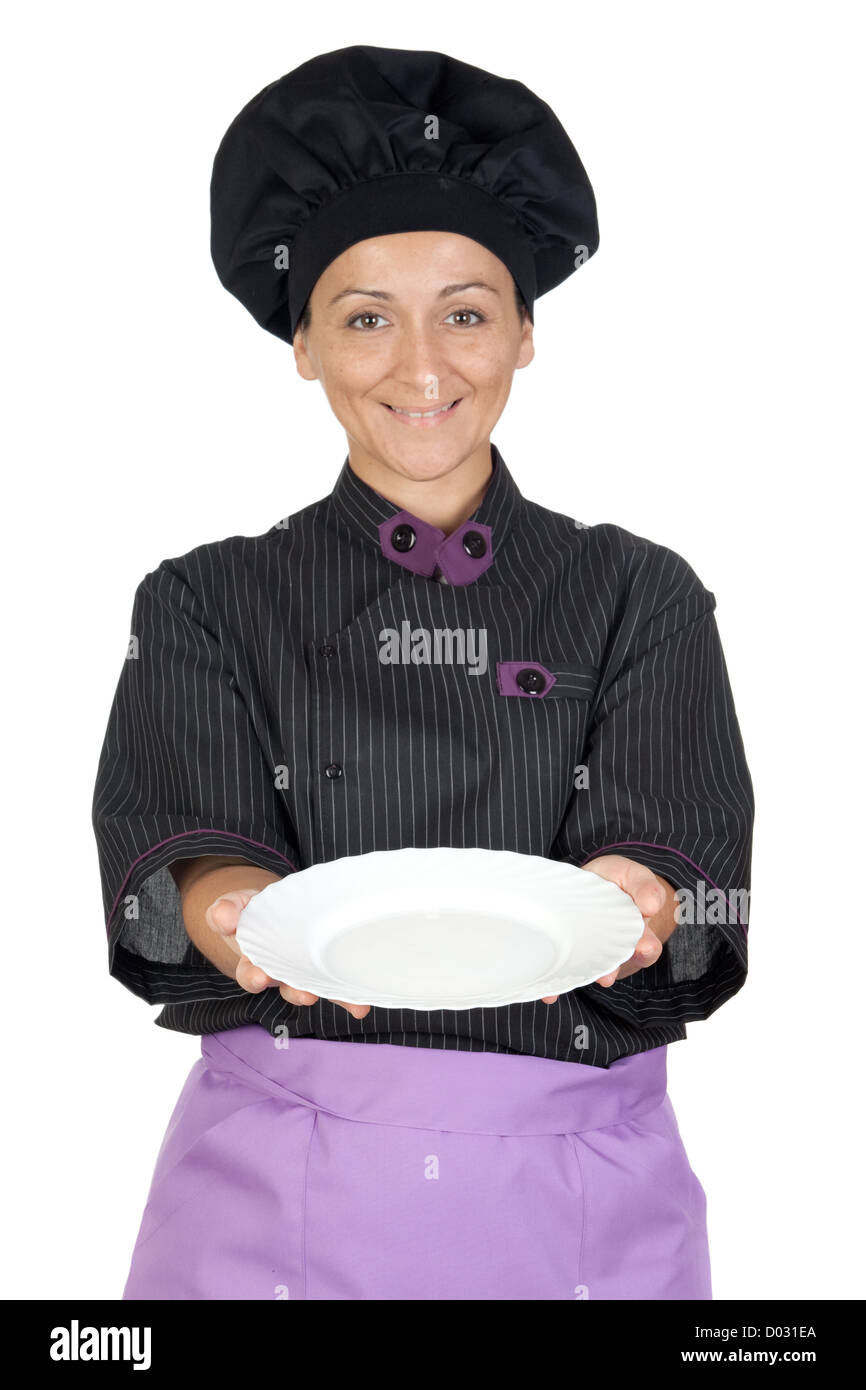 Pretty cook woman with black uniform isolated on white background Stock ...