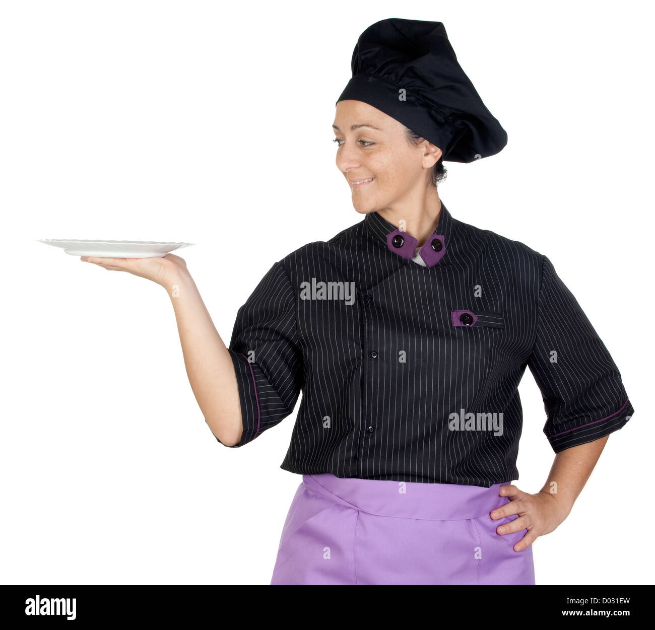Pretty cook woman with black uniform isolated on white background Stock ...
