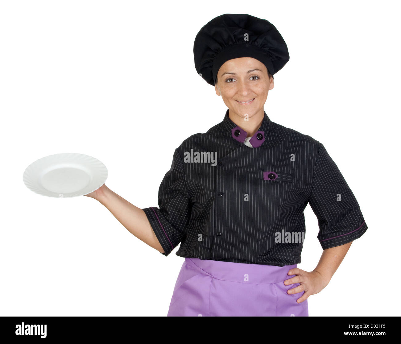 Pretty cook woman with black uniform isolated on white background Stock ...