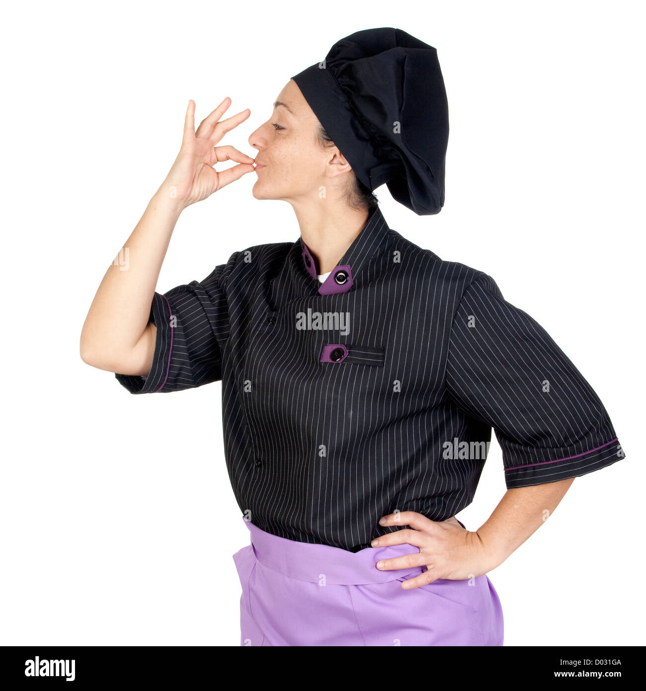 Pretty cook woman with black uniform isolated on white background Stock ...
