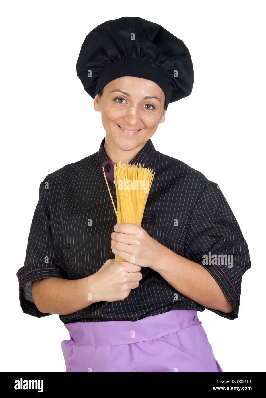 Pretty cook woman with spaguettis isolated on white background Stock ...