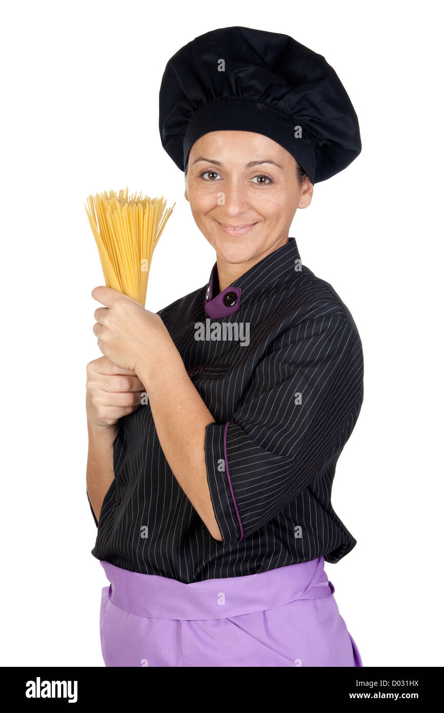 Pretty cook woman with spaguettis isolated on white background Stock ...