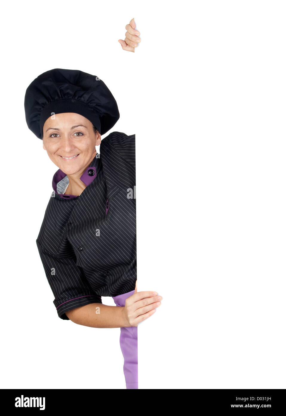 Pretty cook girl with a blank poster isolated on white background Stock ...