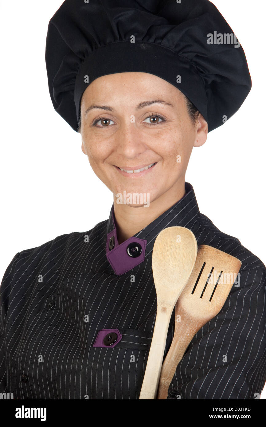 Pretty cook girl with wooden cookware isolated on white background ...