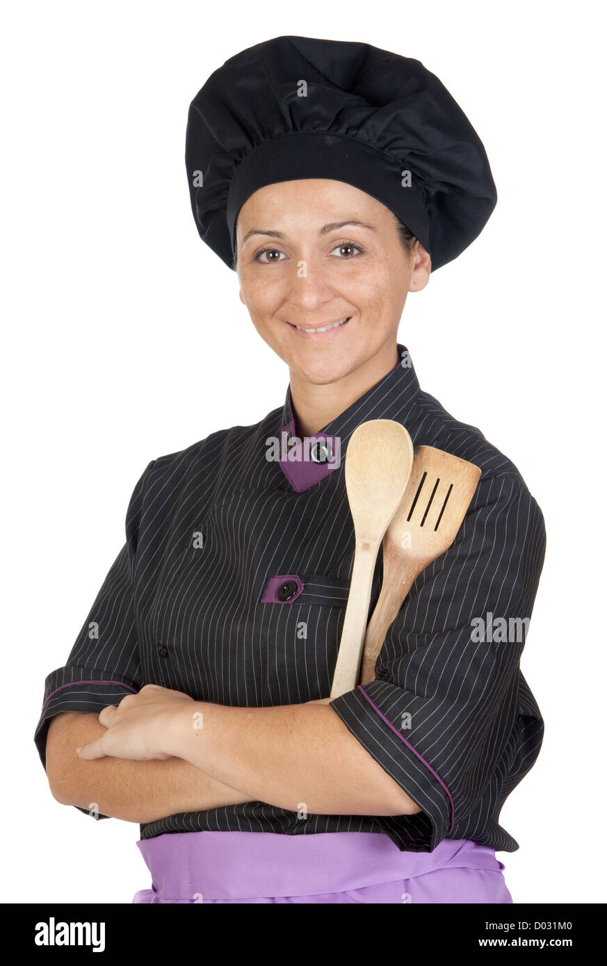 Pretty cook girl with wooden cookware isolated on white background ...