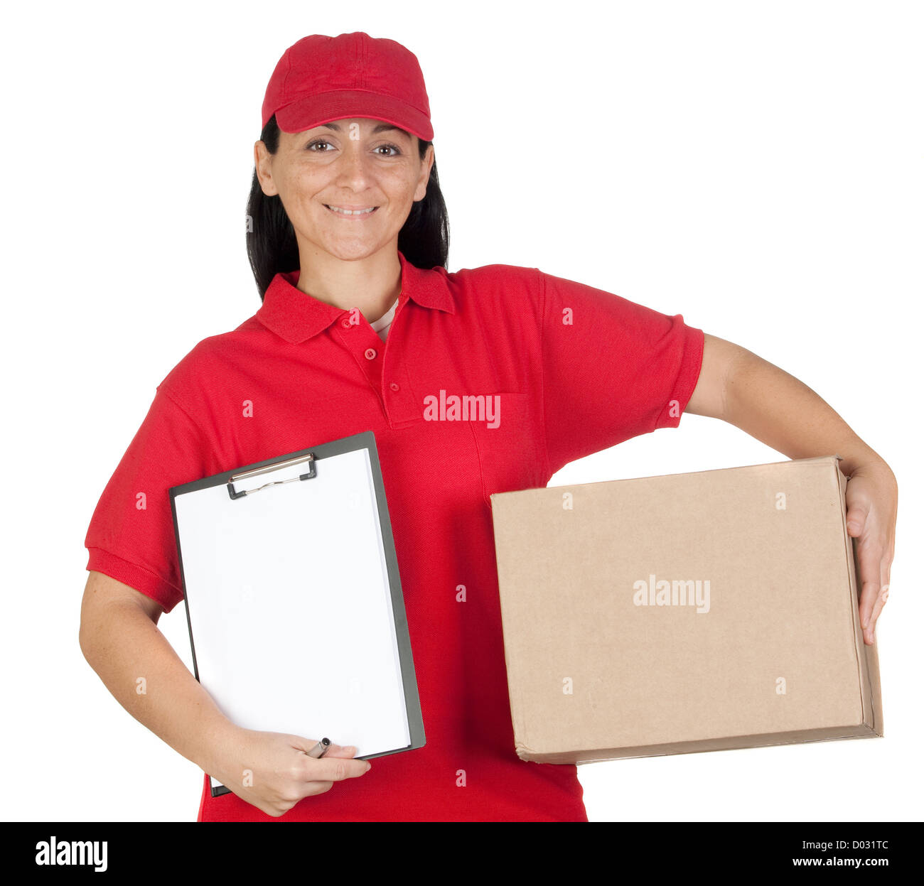 Beautiful dealer with box and clipboard isolated over white background ...