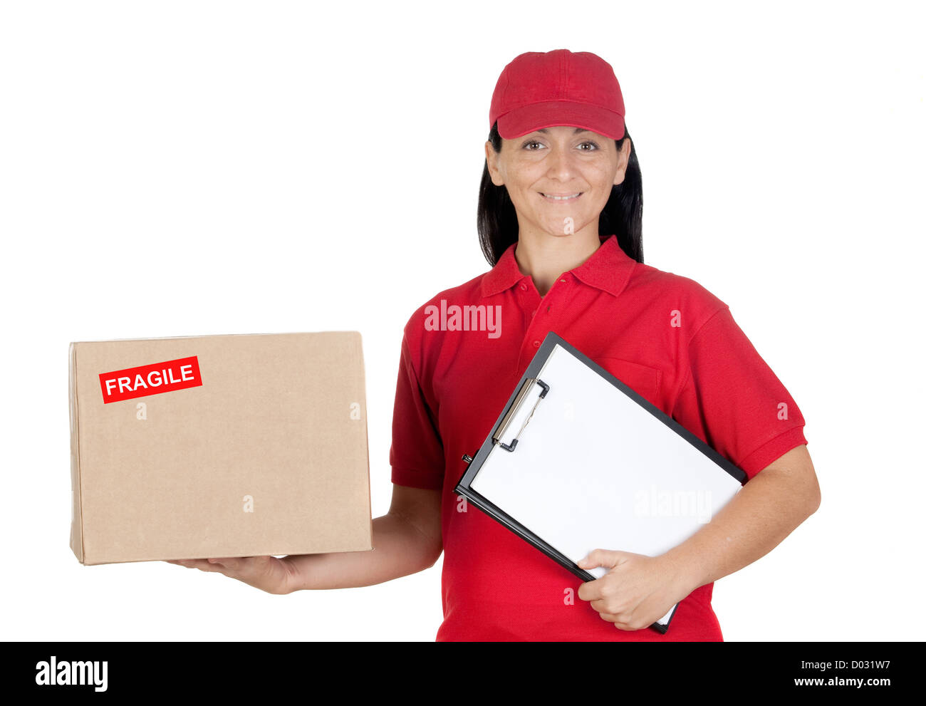 Beautiful dealer with box and clipboard isolated over white background ...
